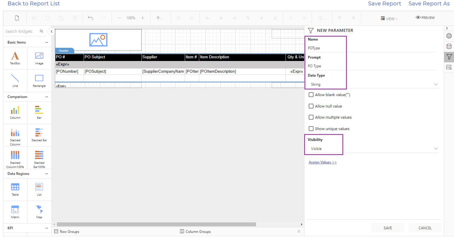 Add Custom Log Report Advanced Topic Report Design Adding Visible